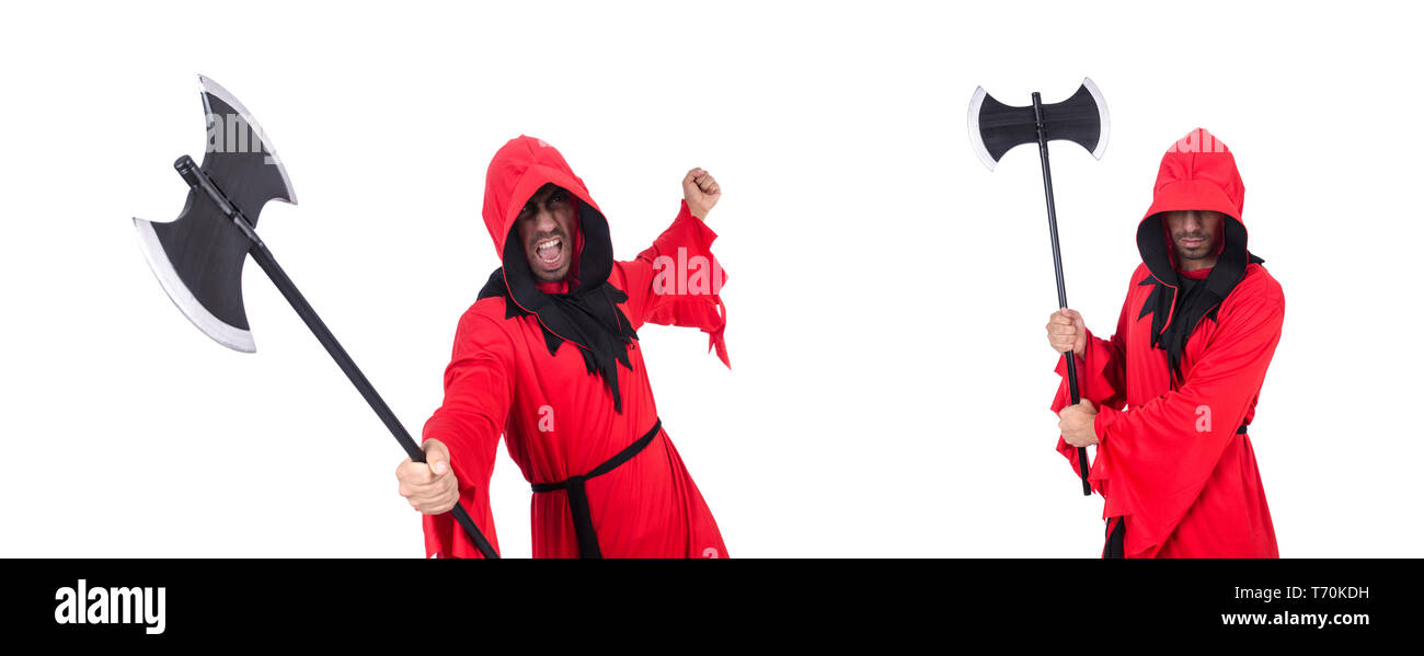 Executioner in red costume with axe on white Stock Photo - Alamy