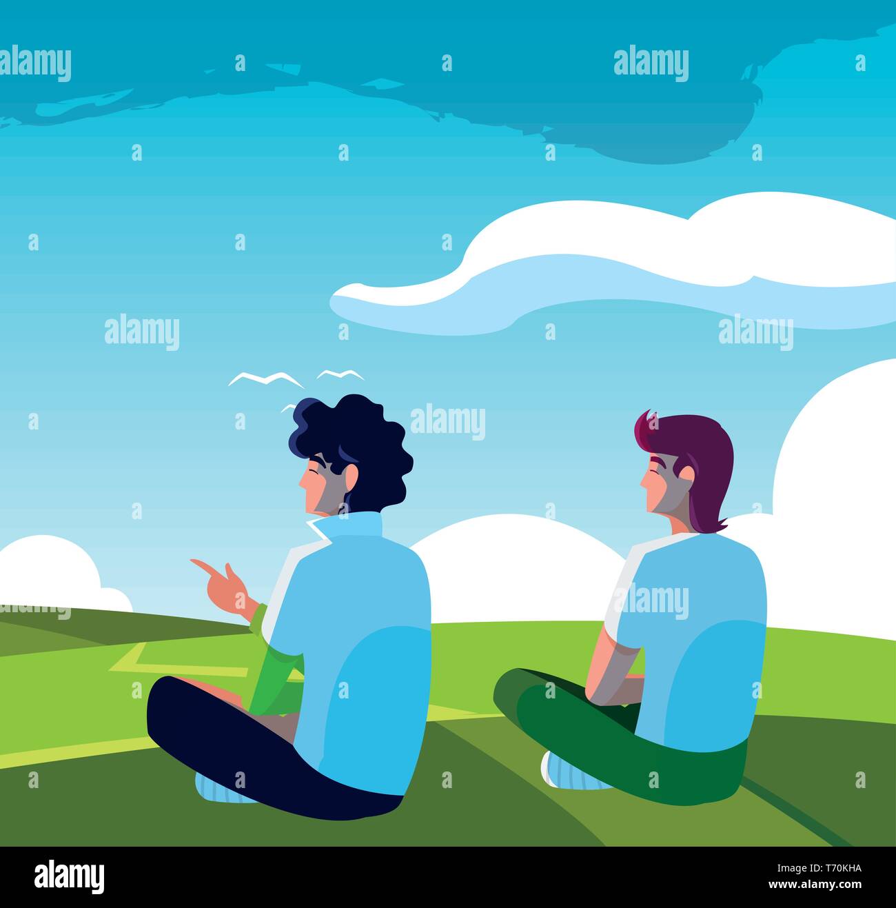 men contemplating the horizon in the field scene vector illustration ...