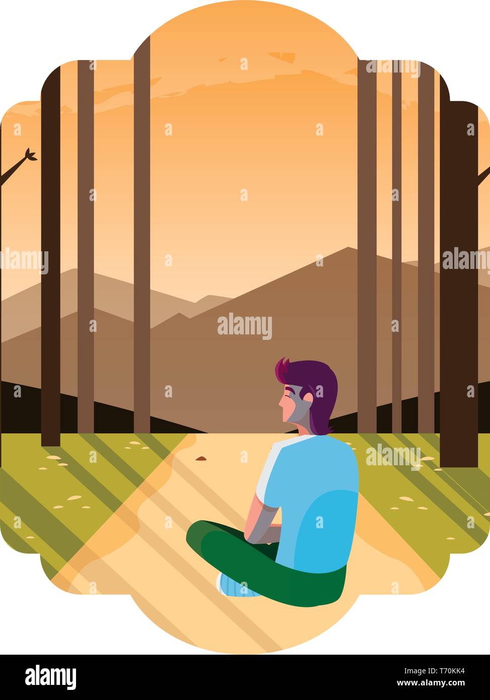 man contemplating horizon in the forest scene vector illustration ...