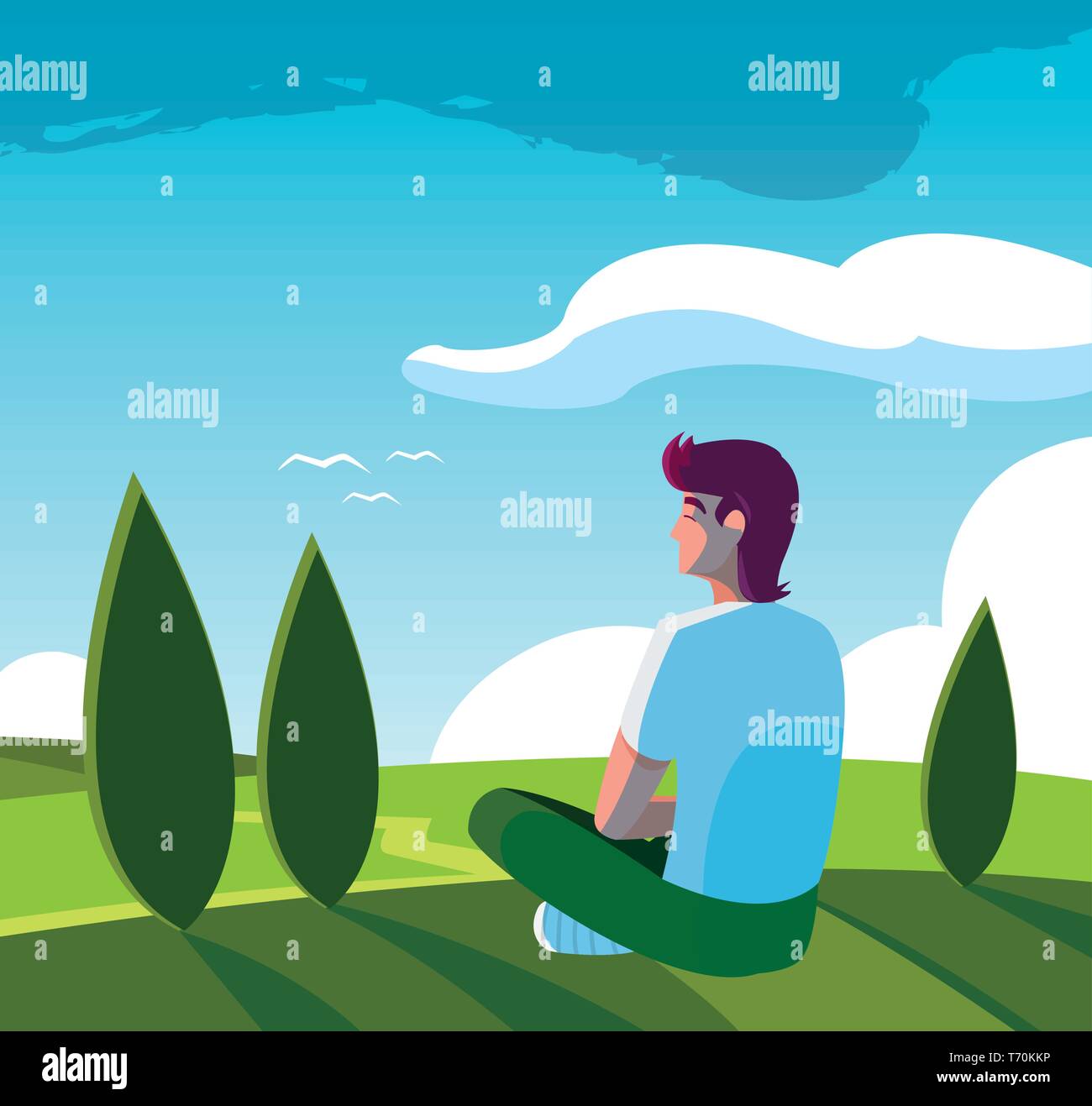 man contemplating the horizon in the field scene vector illustration ...