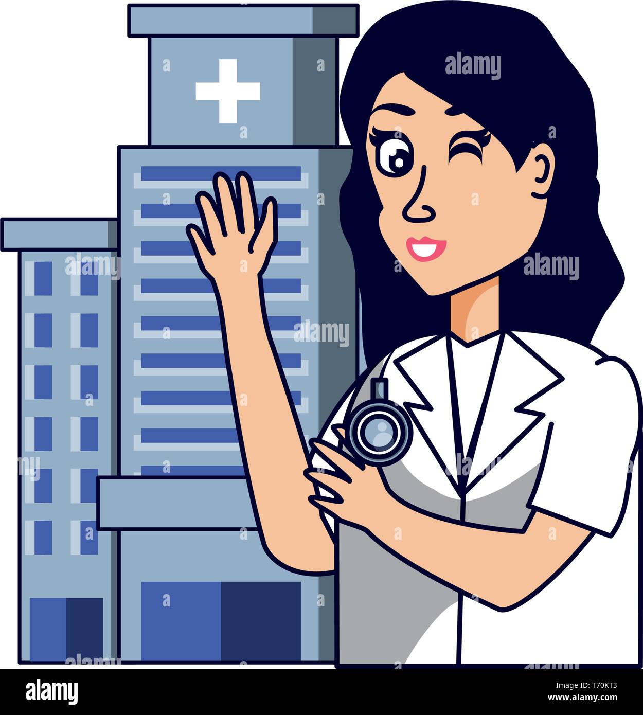 doctor female professional with hospital facade vector illustration ...