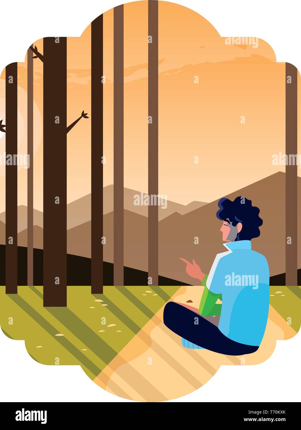 man contemplating horizon in the forest scene vector illustration ...