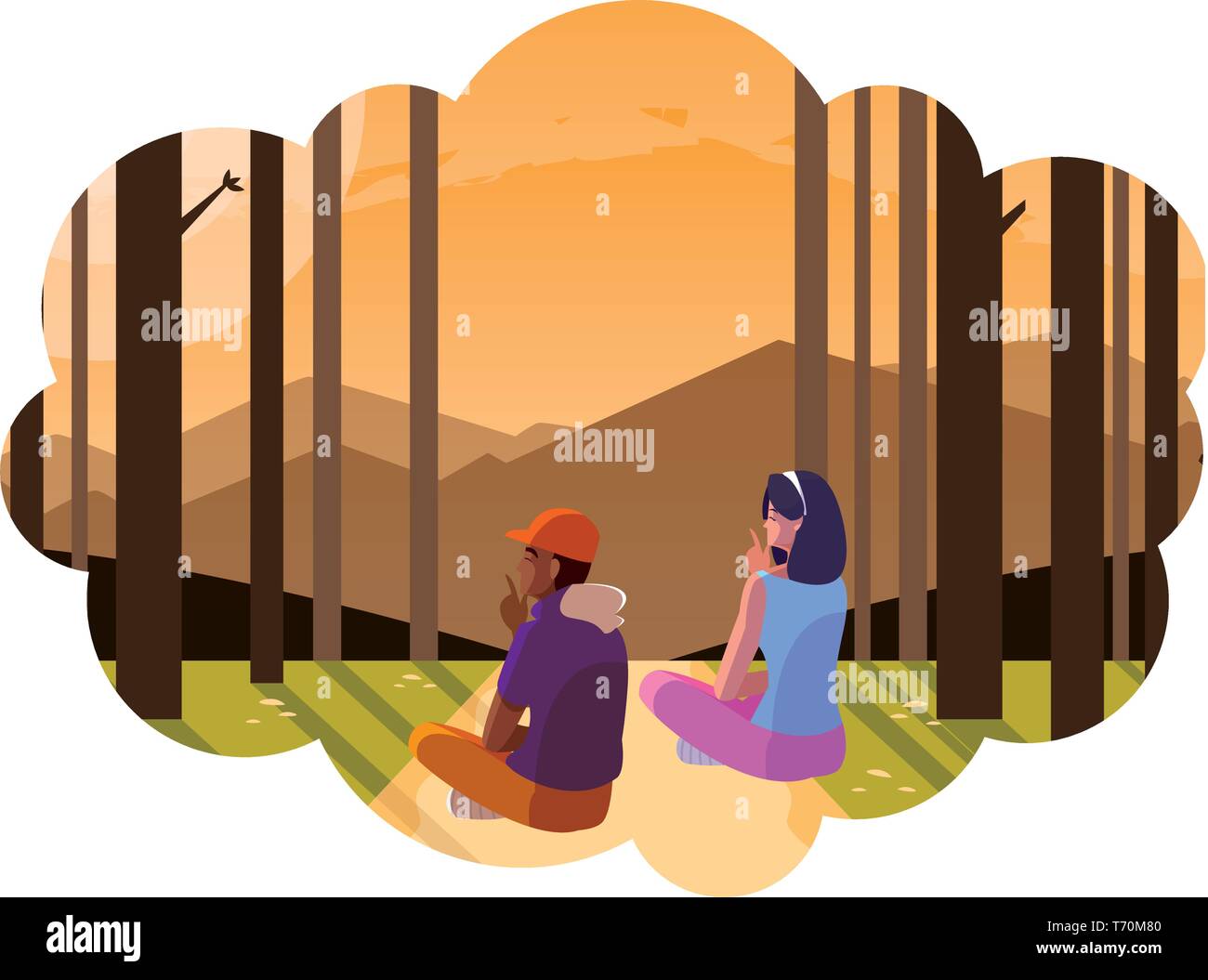 couple contemplating horizon in the forest scene vector illustration ...