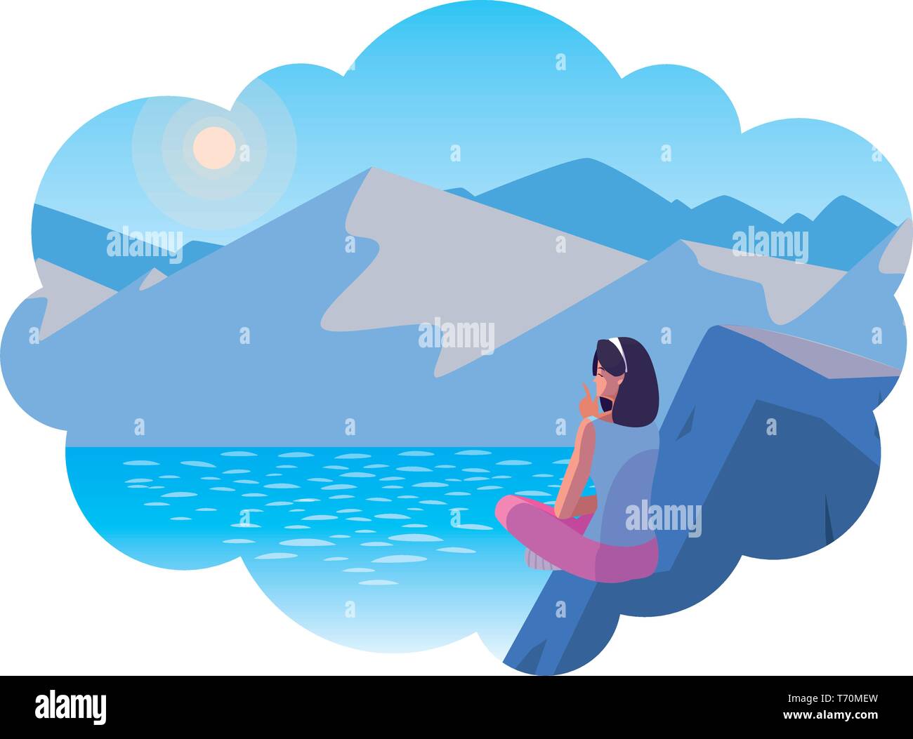 woman contemplating horizon in lake and mountains scene vector ...