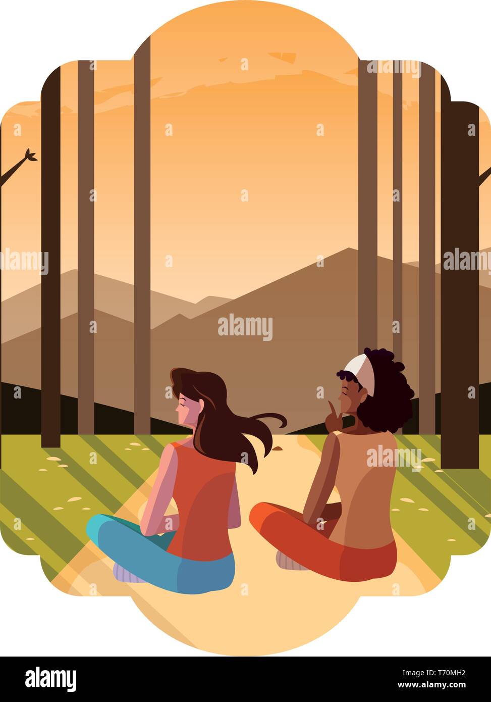 women couple contemplating horizon in the forest scene vector ...