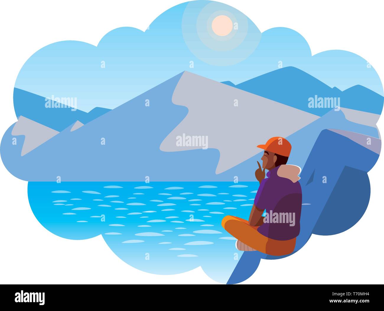afro man contemplating horizon in lake and mountains scene vector ...