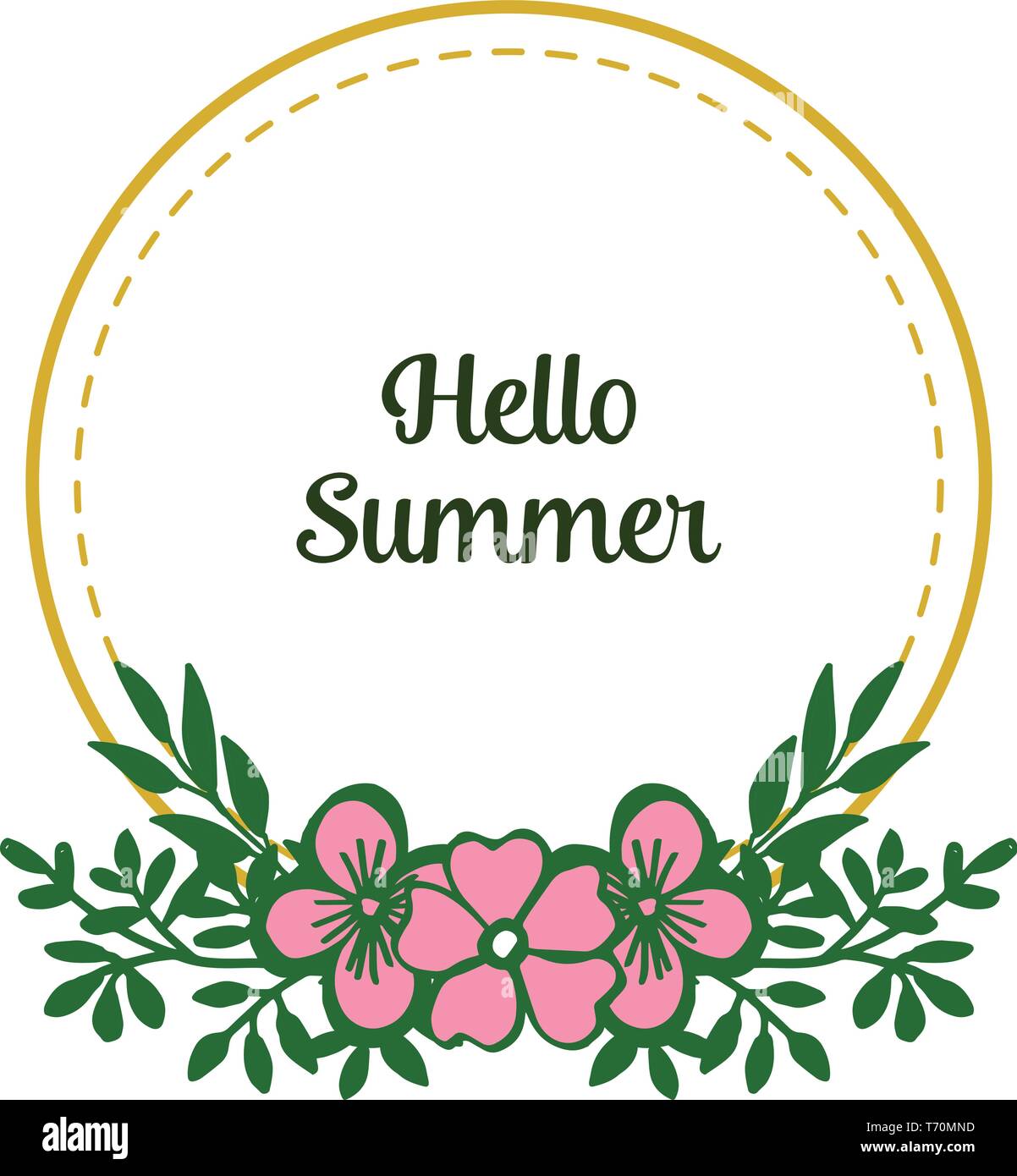 Vector illustration hello summer text with beautiful green leafy floral ...