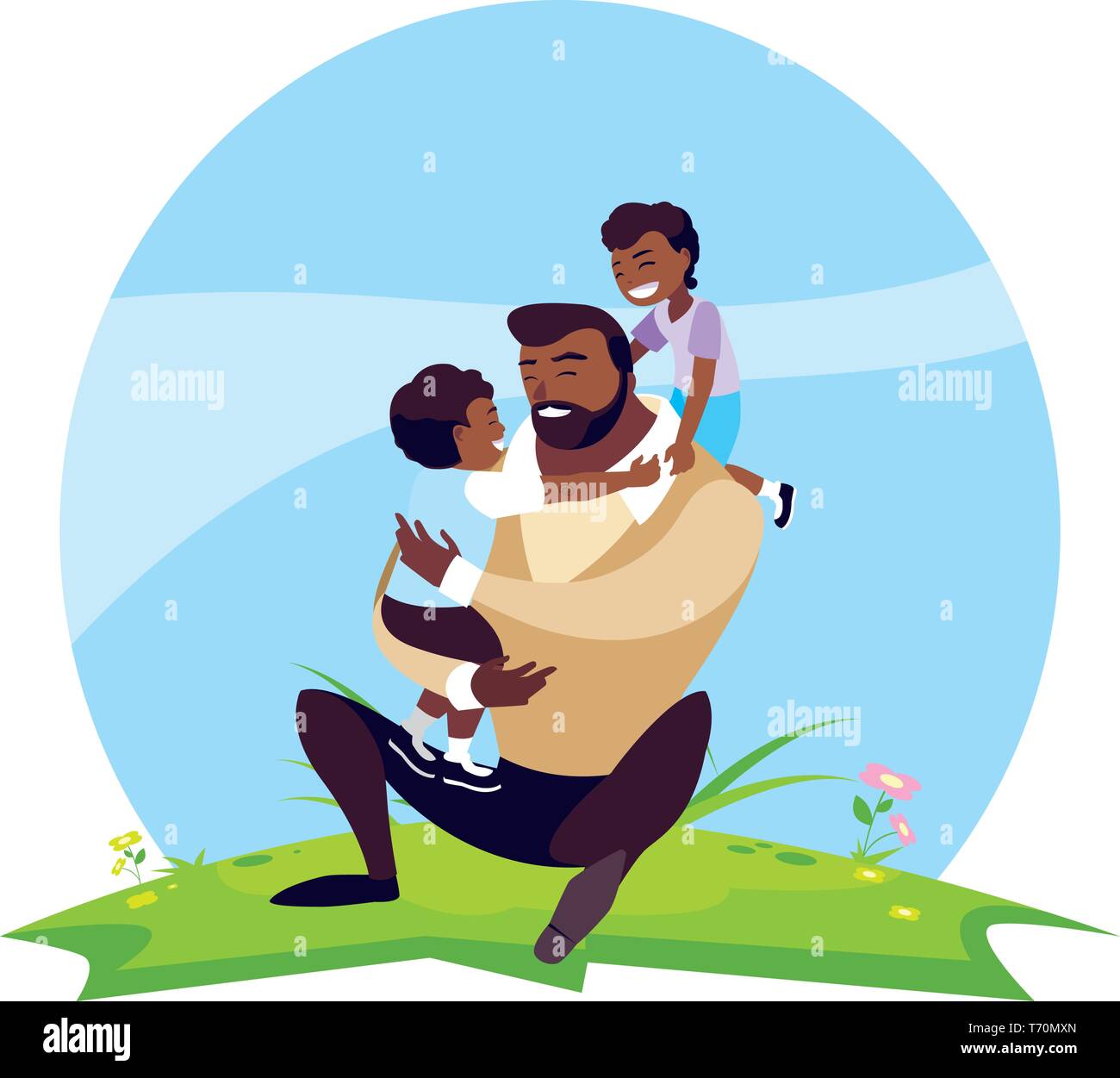afro father with sons characters in the field vector illustration ...