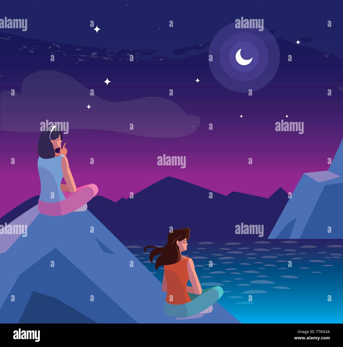 women contemplating horizon in lake and mountains at night vector ...