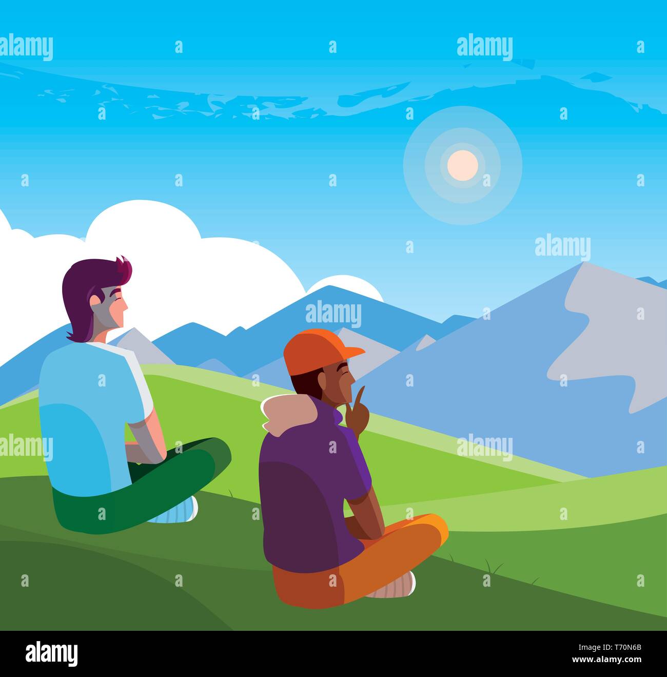 interracial men contemplating the horizon in the field scene vector ...