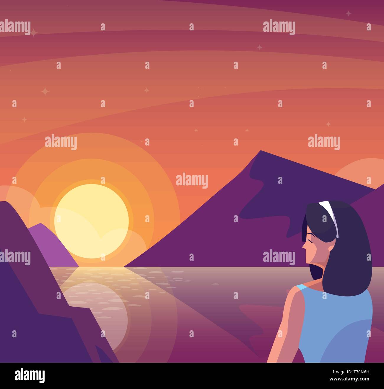woman contemplating horizon in lake and mountains scene vector ...