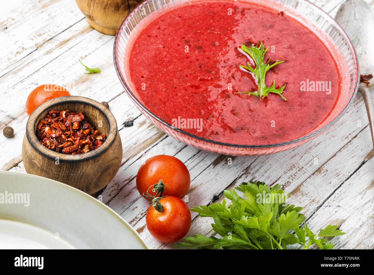 Spanish cold vegetable soup gazpacho.Dish of Spanish food Stock Photo ...