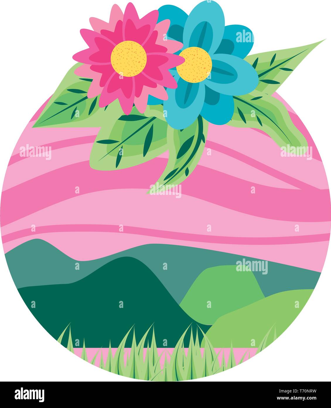 landscape nature in frame circular with flowers vector illustration ...
