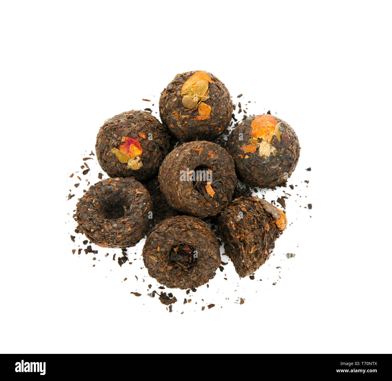 Compressed tea on white background, top view Stock Photo - Alamy