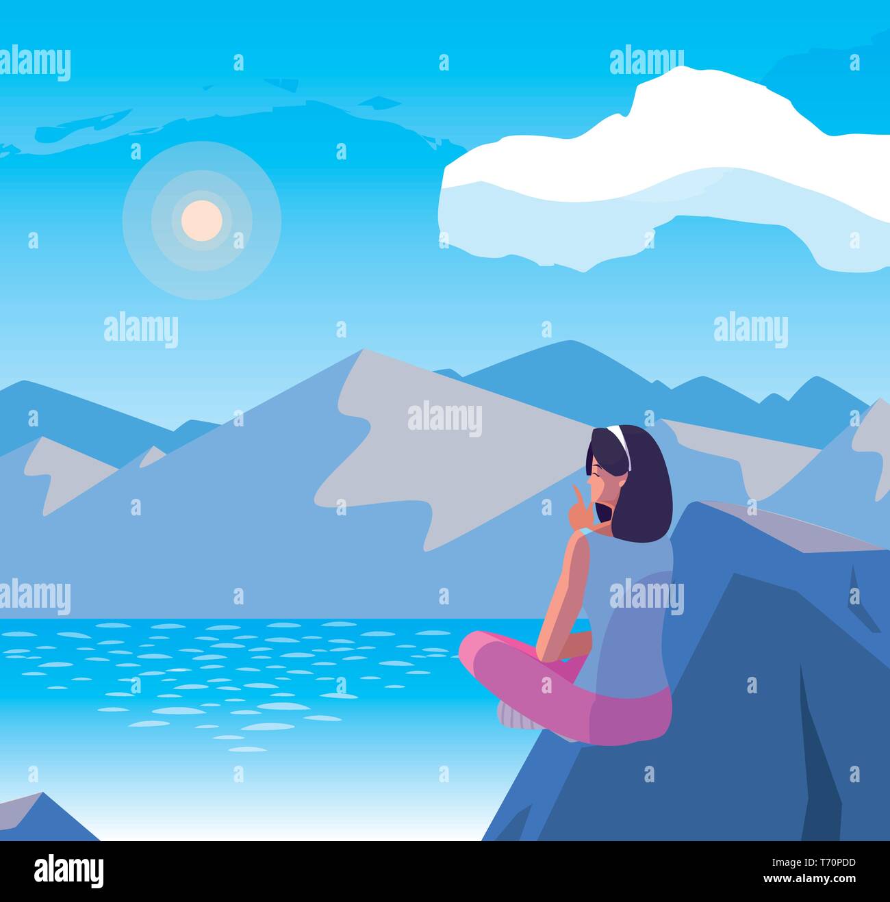 woman contemplating horizon in lake and mountains scene vector ...