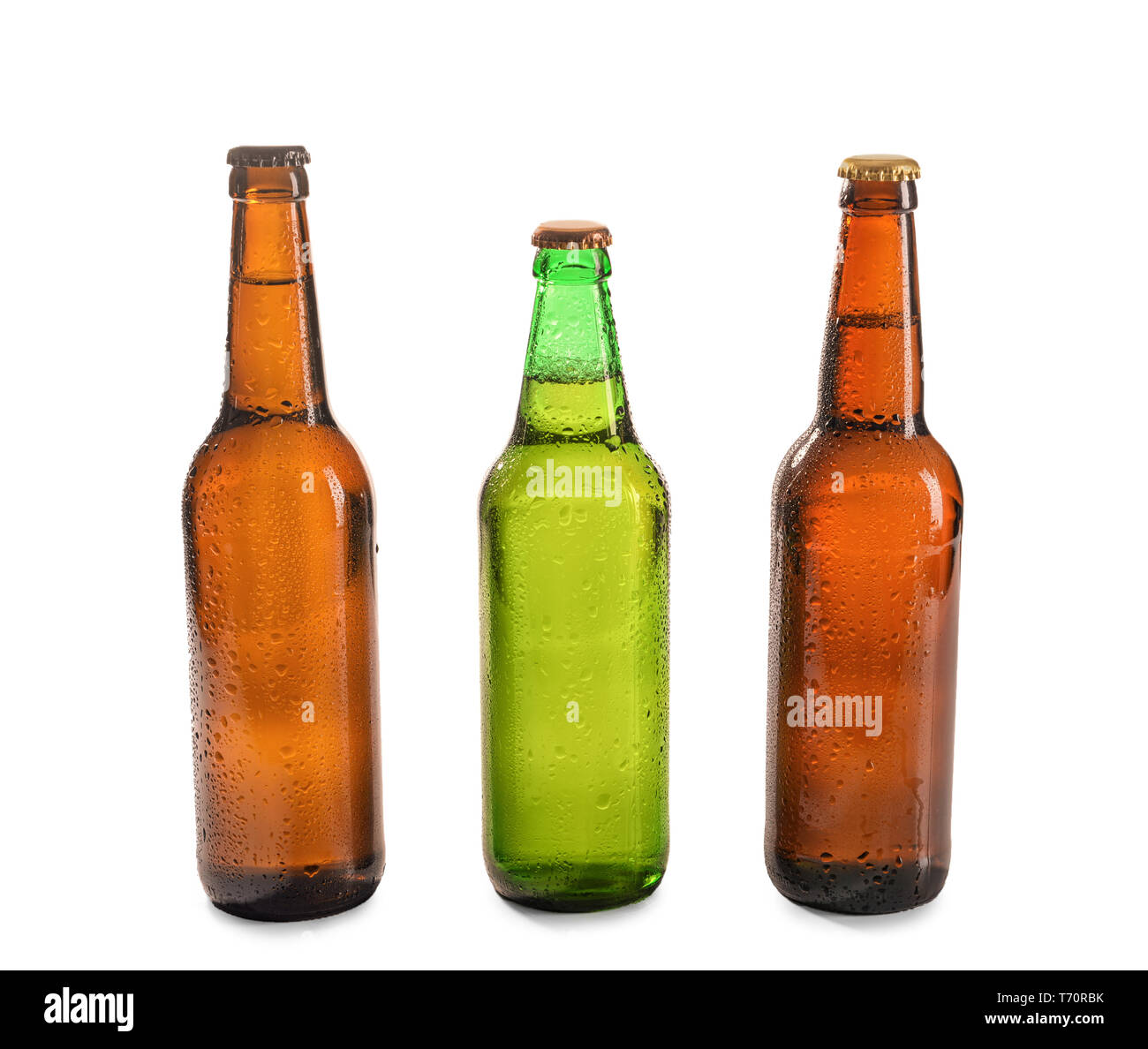 Glass bottles of beer on white background Stock Photo - Alamy