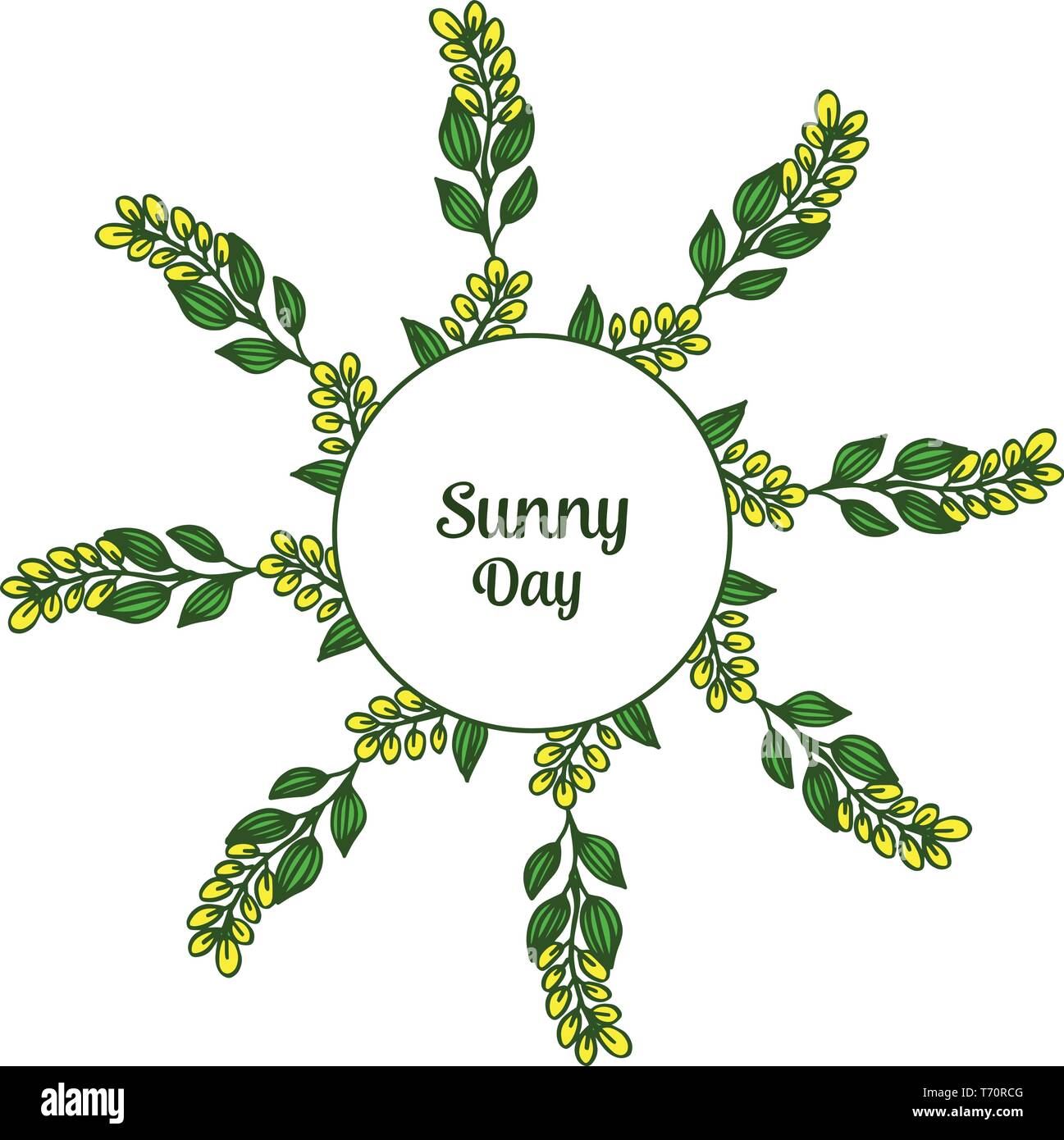 Vector illustration lettering sunny day with green leaves frame hand ...