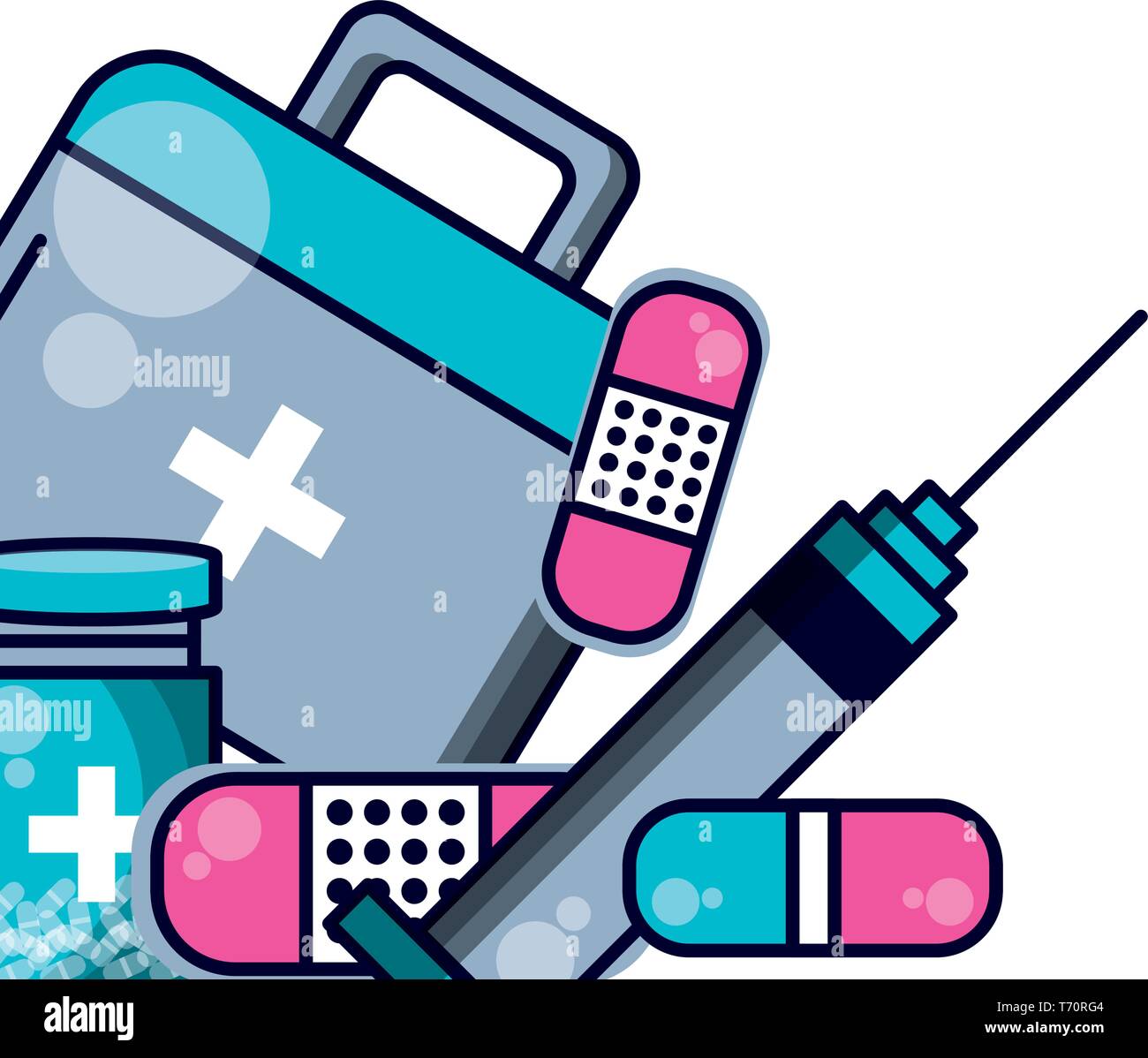 first aid kit with injection and set icons of medicine vector ...