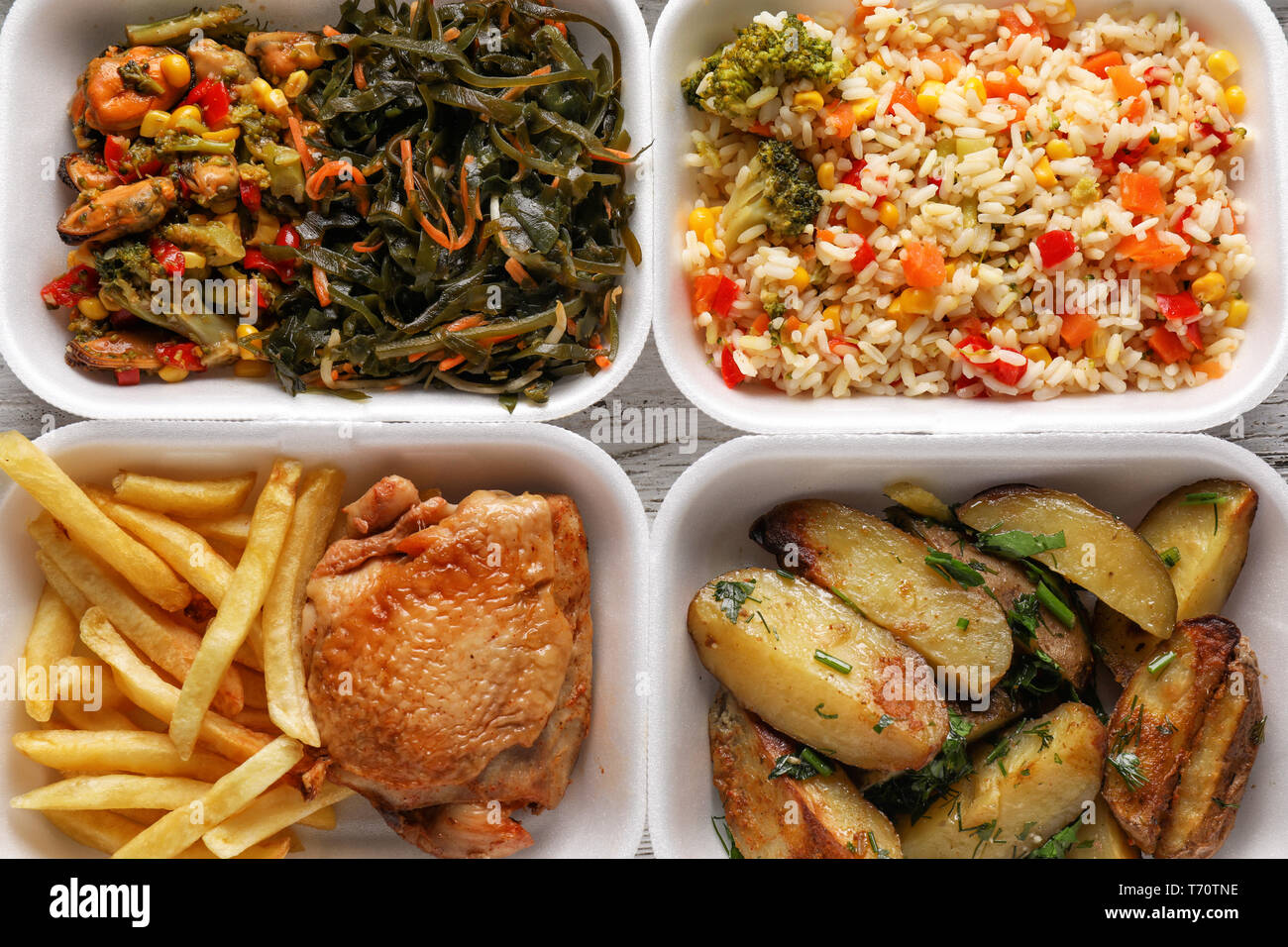Plastic containers with delicious food as background. Delivery service ...