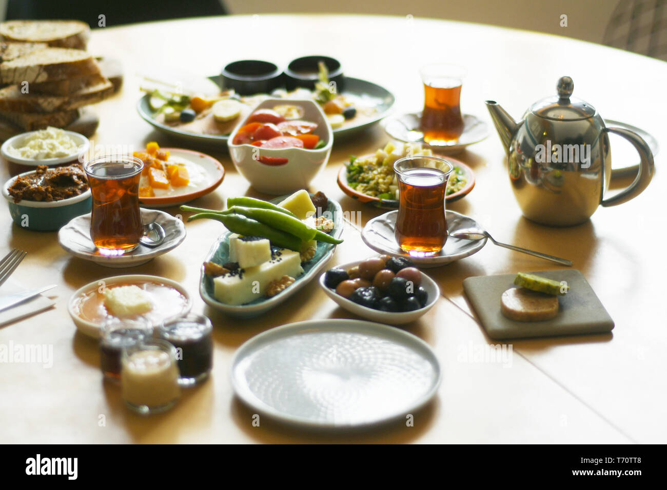 Turkish breakfast with various plates on a table Stock Photo - Alamy