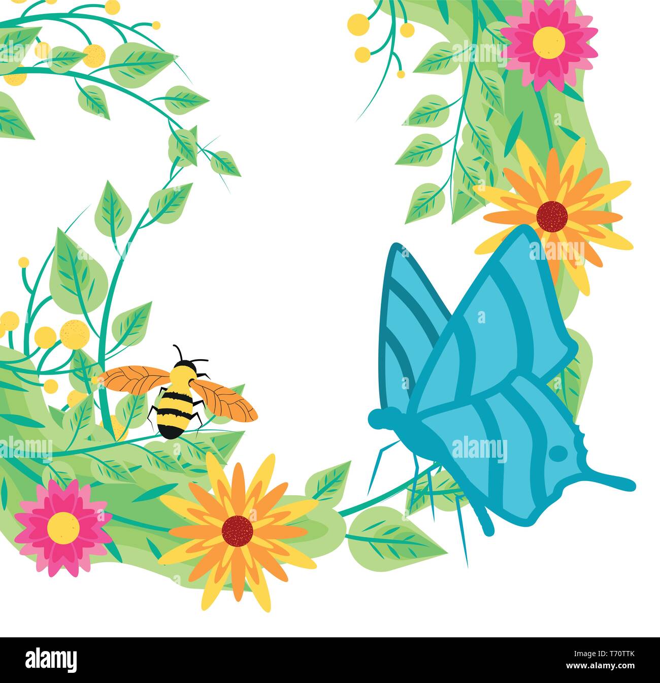 decoration of flowers with bee and butterfly vector illustration design ...