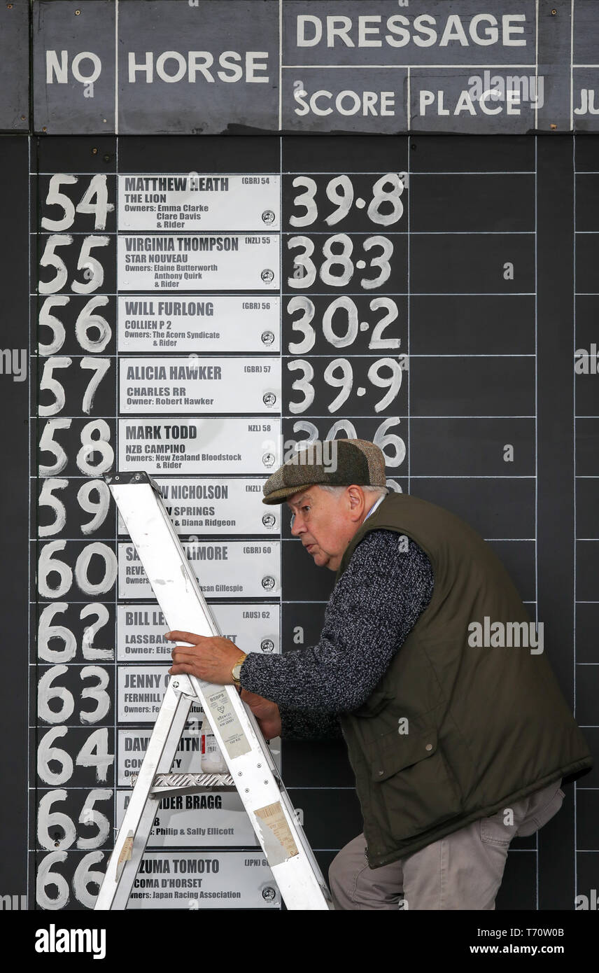 The scoreboard is updated during the dressage on day three of the 2019 ...