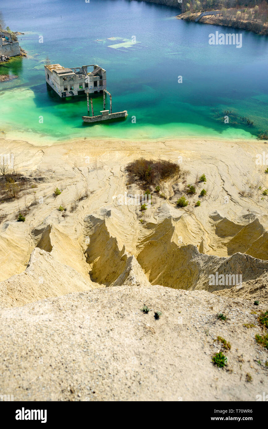Abandoned quarry and prison Rummu, Estonia. View from sand hill to ...
