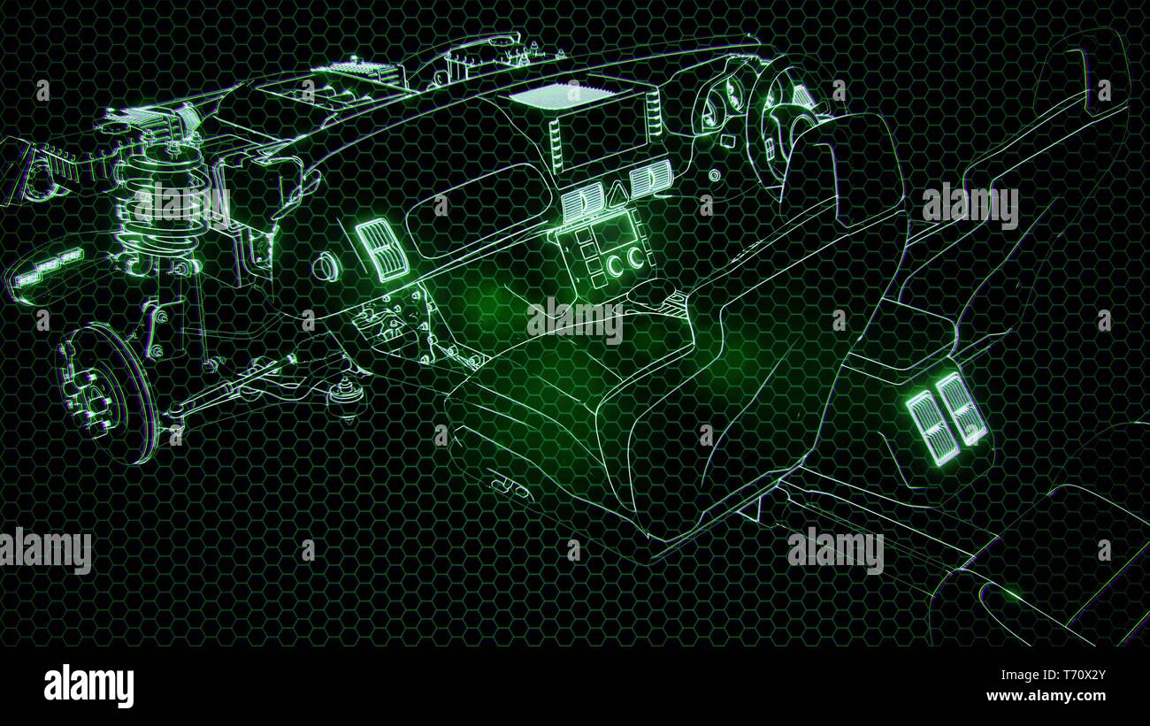 Holographic animation of 3D wireframe car model with engine Stock Photo ...
