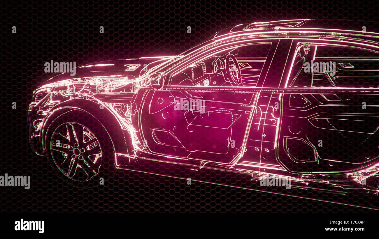 Holographic animation of 3D wireframe car model with engine Stock Photo ...