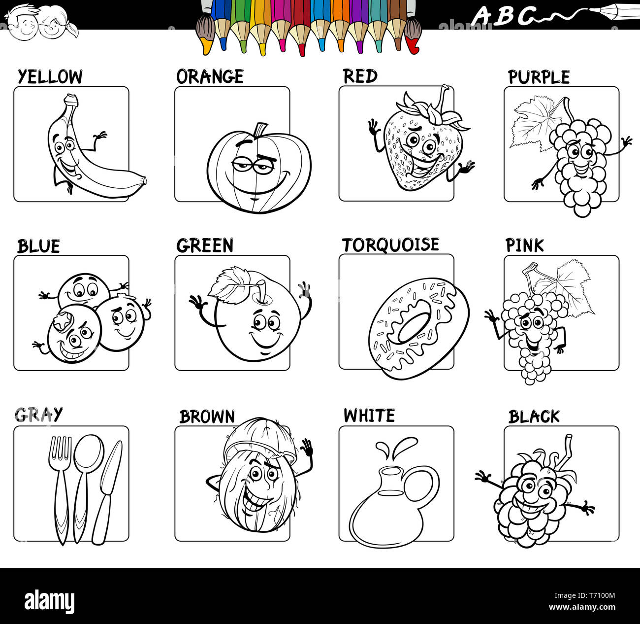basic colors with fruits and food set for coloring Stock Photo - Alamy