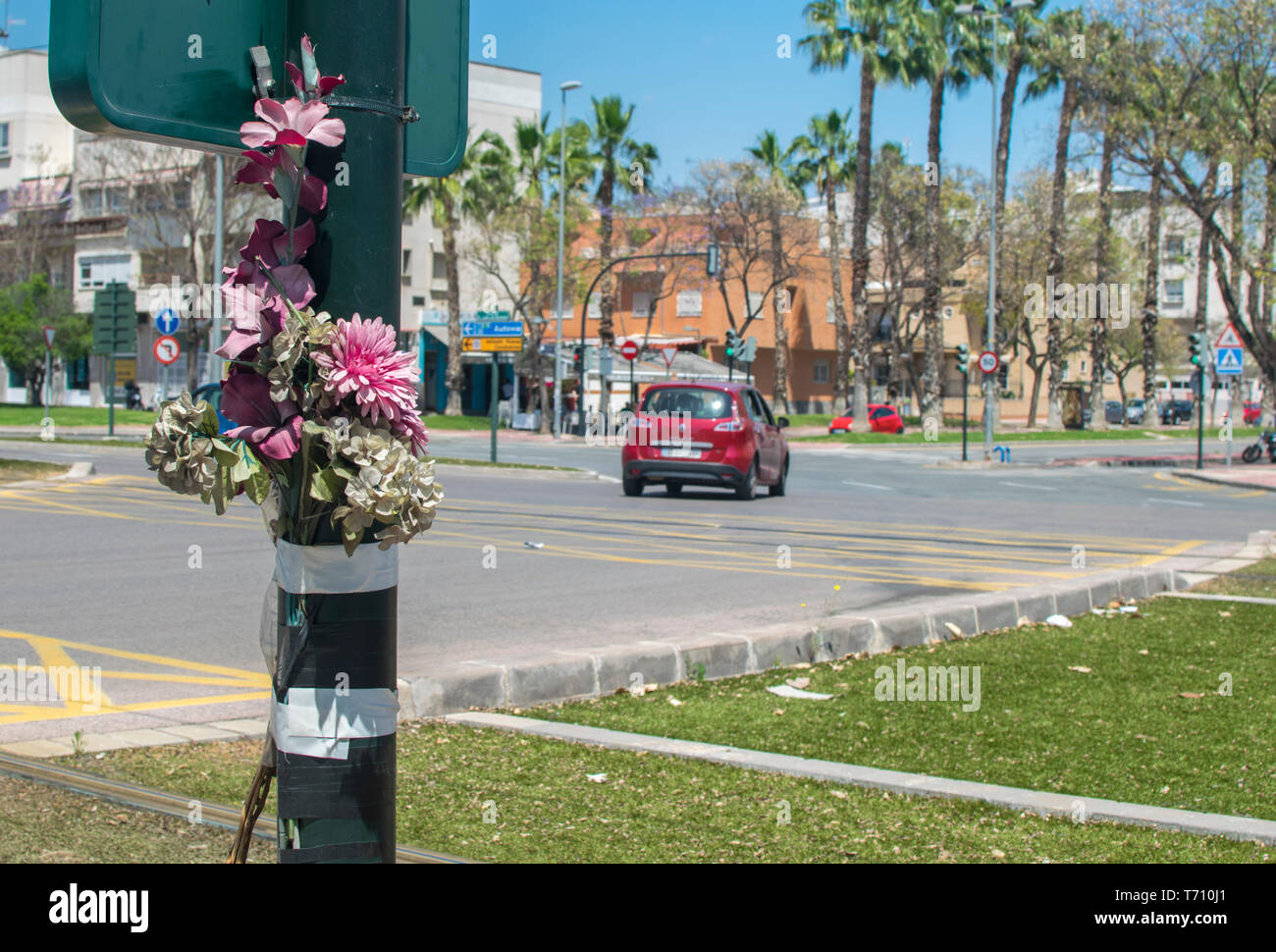Memorial wreath for someone who died in a car accident. Flowers in the ...