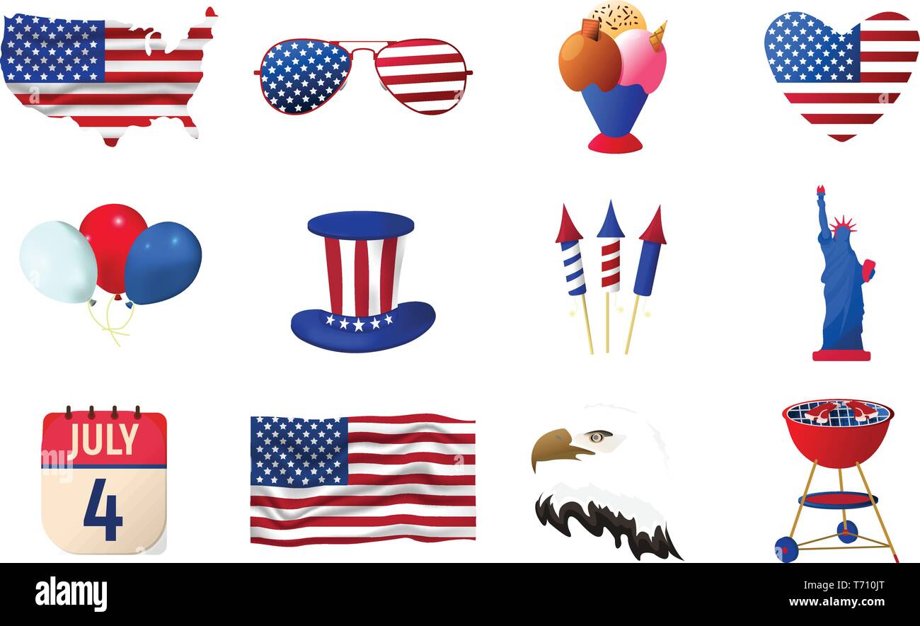 Big Set of American Independence Day Icon. Happy 4 th July. Cartoon ...