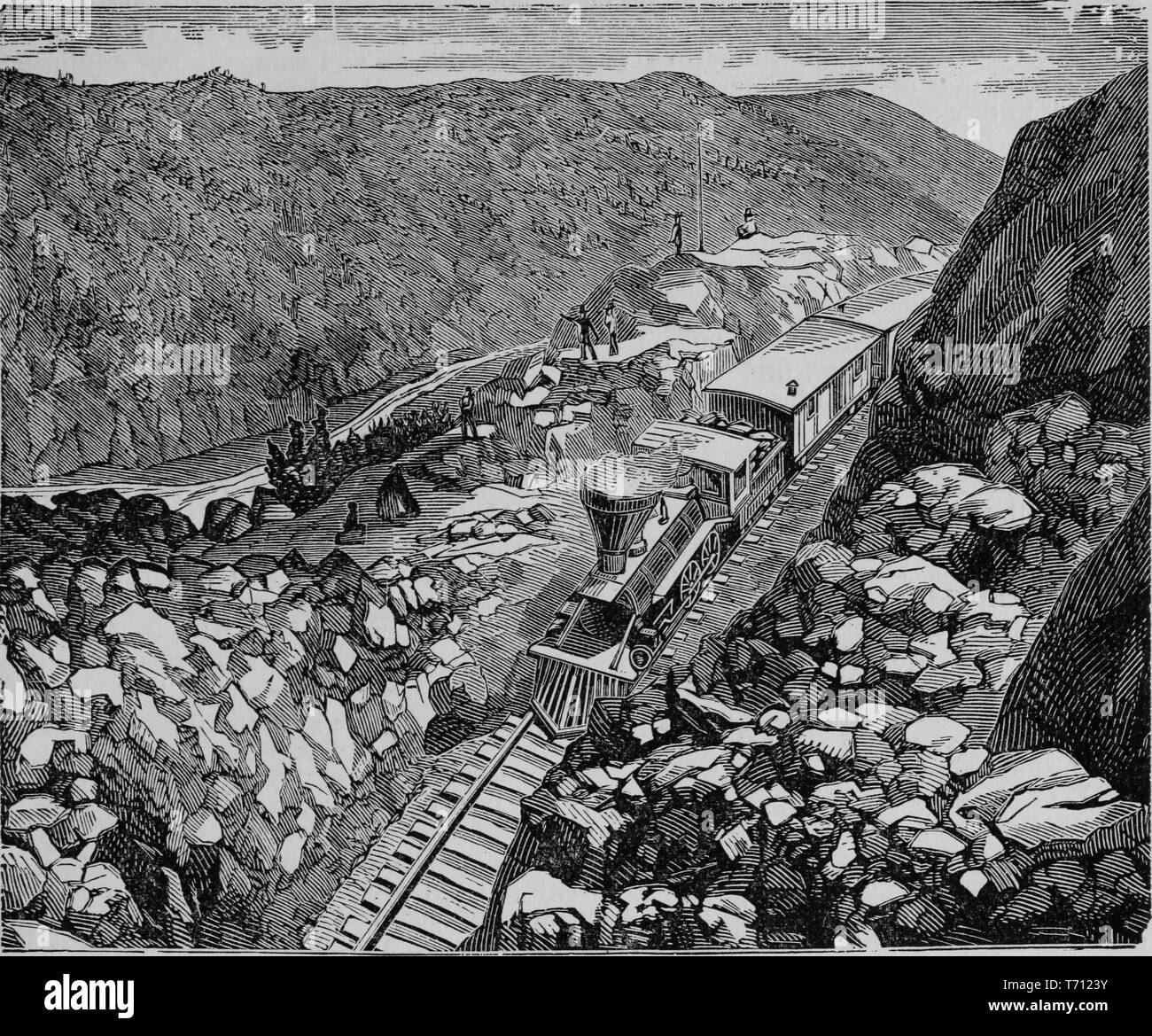 Engraving of a train in the American River Canyon, from the book ...