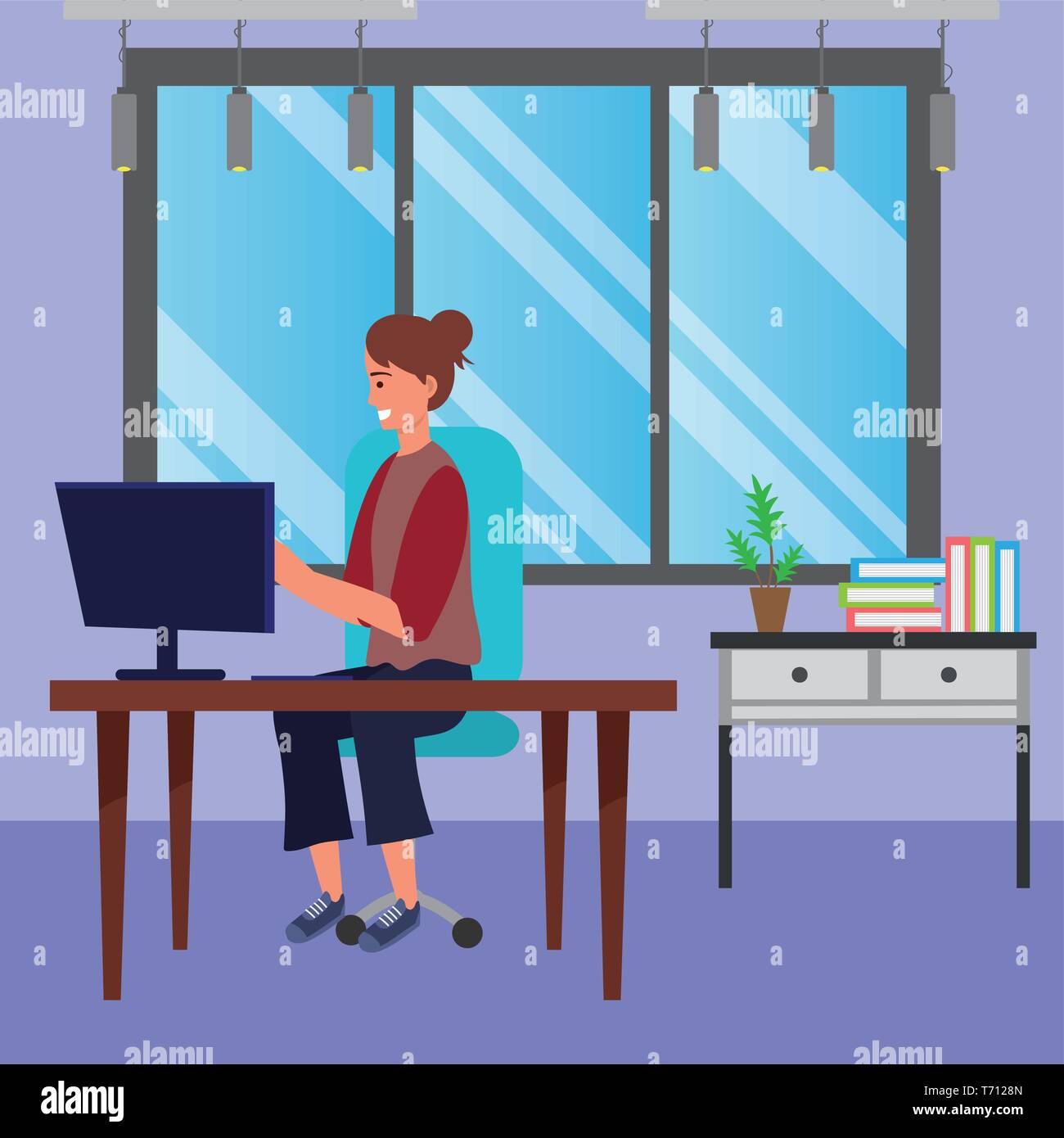 Student hair bun woman sitting in library study room desk with ...