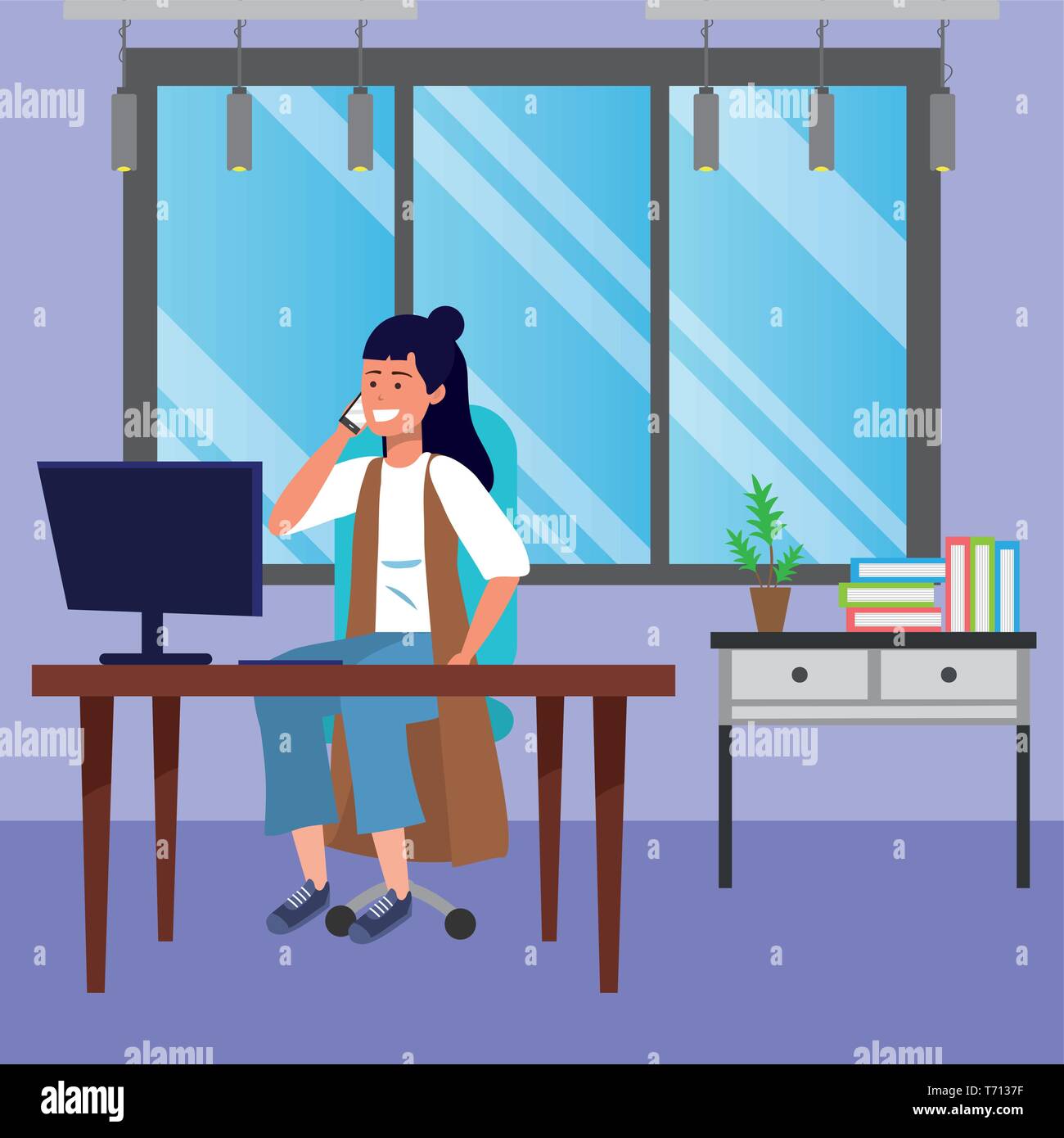 Student caucasian woman wearing vest sitting in library study room desk ...