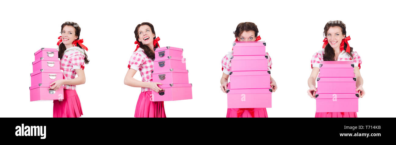 Young woman with storage boxes on white Stock Photo - Alamy