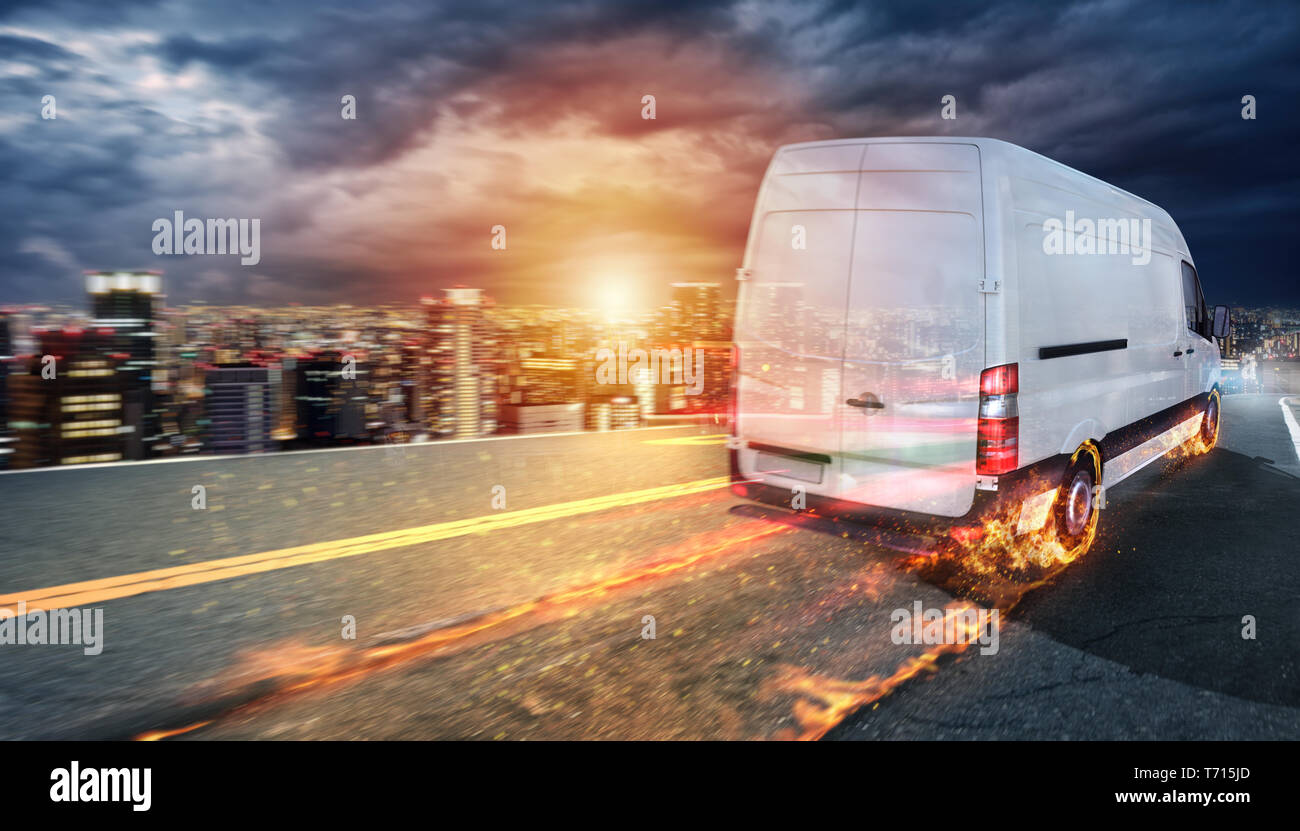 Super fast delivery of package service with van with wheels on fire ...