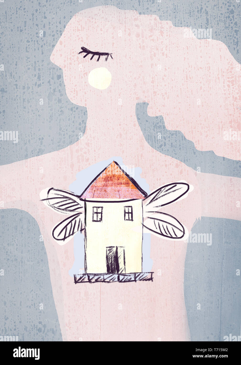 Illustration of a house with wings inside a girl. Metaphor is my home ...