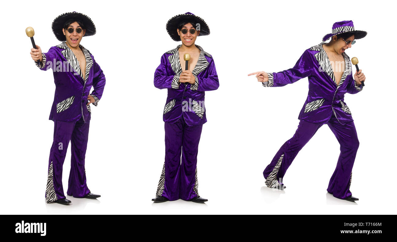Funny man with microphone isolated on white Stock Photo - Alamy