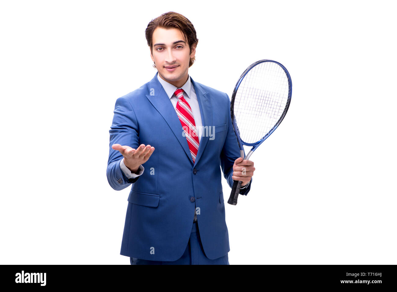 Elegant man with tennis racket isolated on white Stock Photo - Alamy