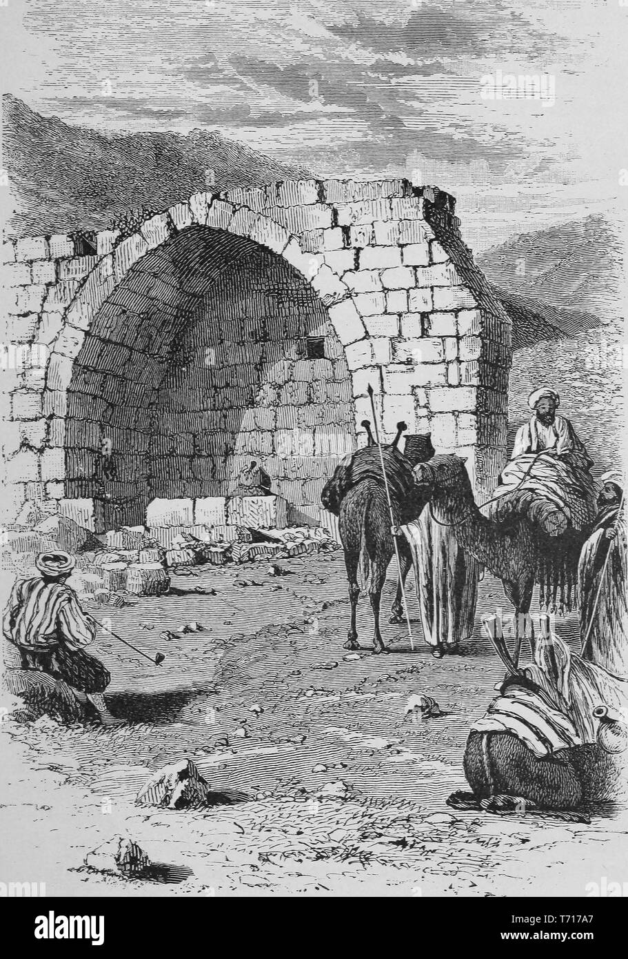 Engraving of the ruined fountain in Jericho, the oldest city in the ...