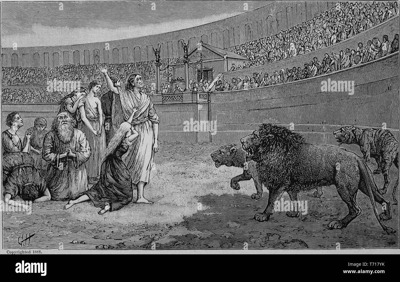Engraving of a Christians given to the wild beasts at the arena, from ...