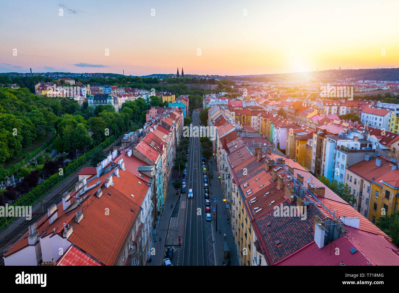 Prague, Czech Republic. Old townscape seen from Nuselsky Most (Nusle ...