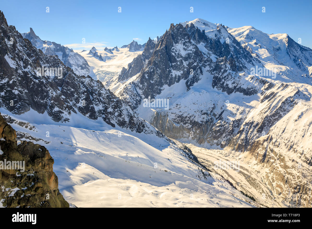 Mont Blanc and the Mer de Glace glacier in the French Alps in winter ...
