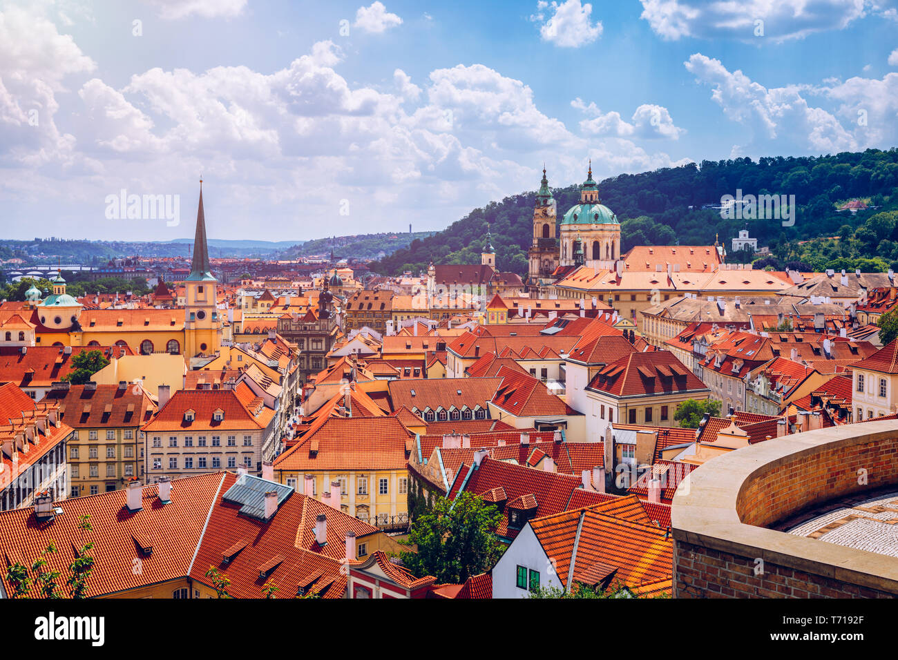 Top view to red roofs skyline of Prague city, Czech Republic. Aerial ...