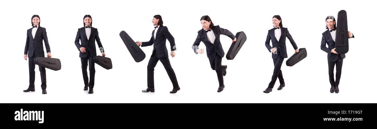 Man with violin case isolated on white Stock Photo - Alamy