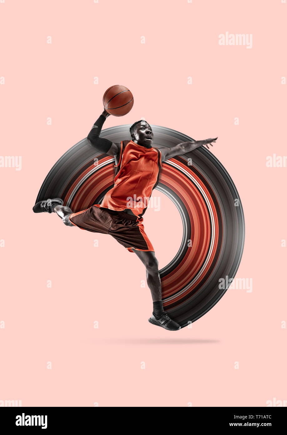Full length portrait of a basketball player with a ball isolated on ...