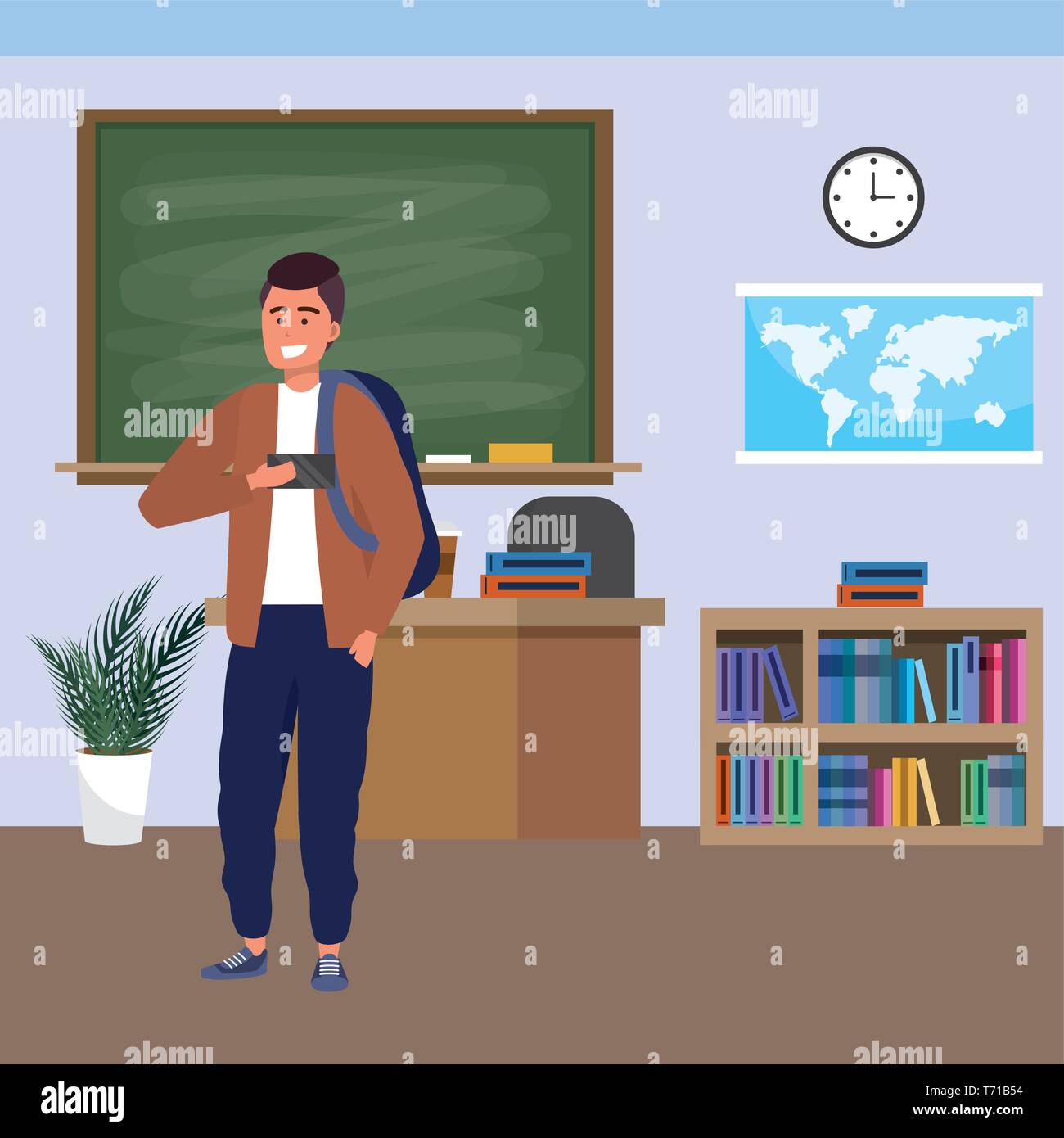 Millennial student man wearing jacket and backpack using smartphone ...