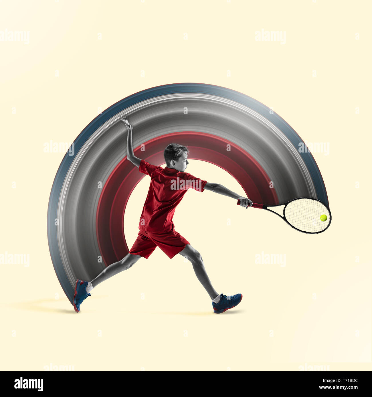 Young teen boy tennis player in sportswear in motion or movement ...
