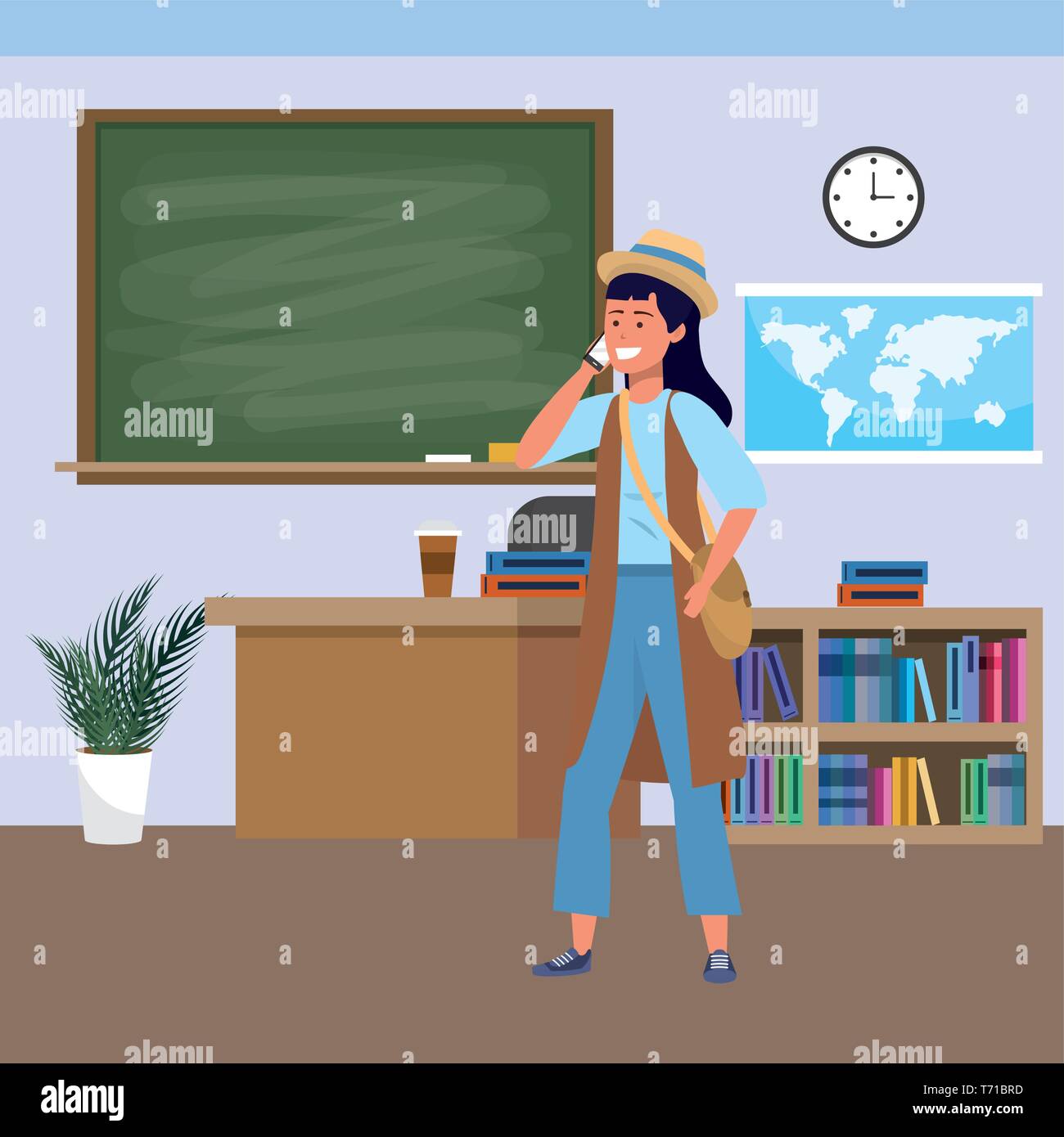 Millennial student woman wearing hat and vest using smartphone indoors ...